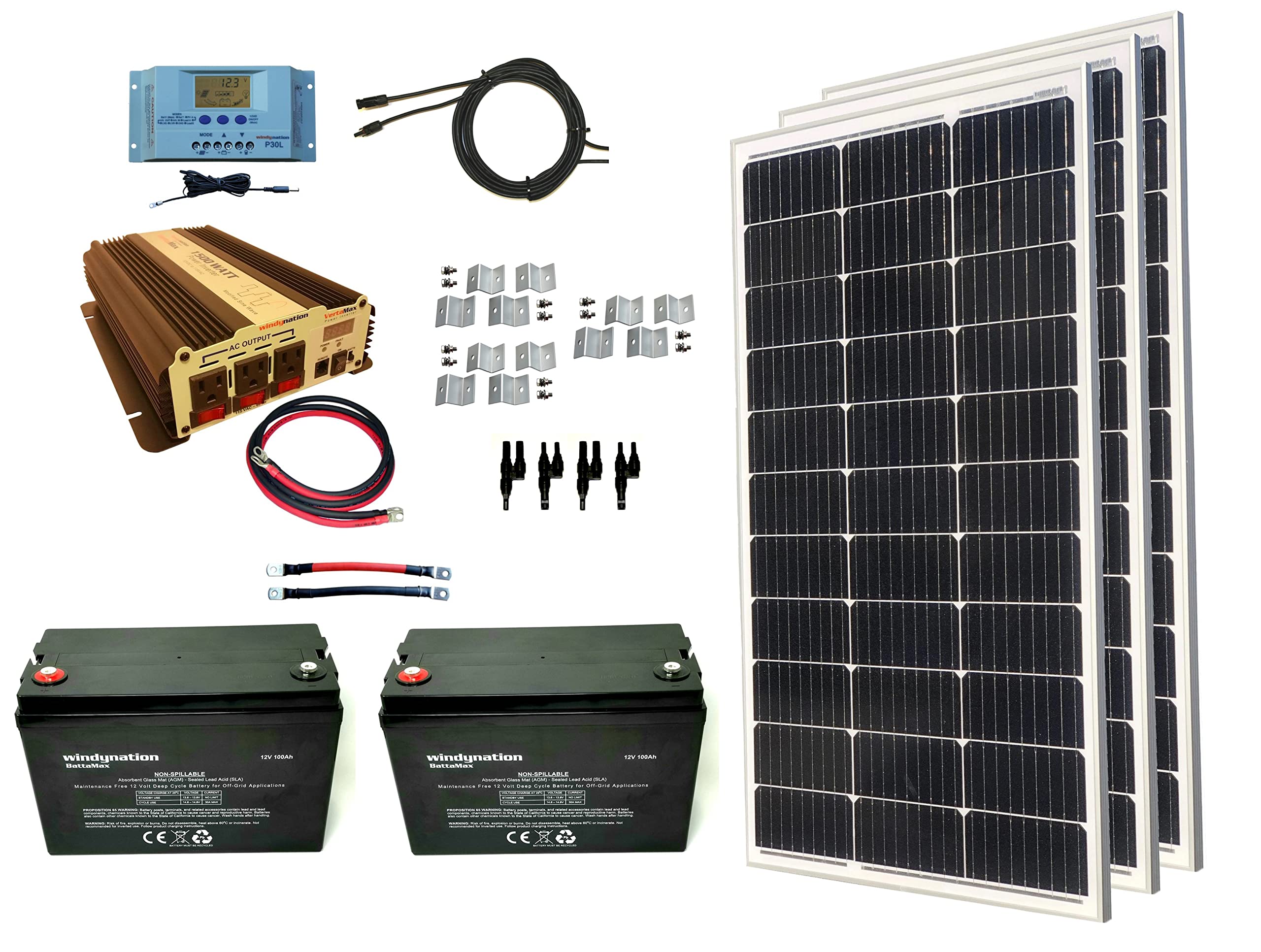 WindyNation 300 Watt Monocrystalline Solar Panel Kit + 1500W VertaMax Power Inverter + 200ah AGM Deep Cycle Battery for RV, Boat, Off-Grid 12 Volt Battery Systems