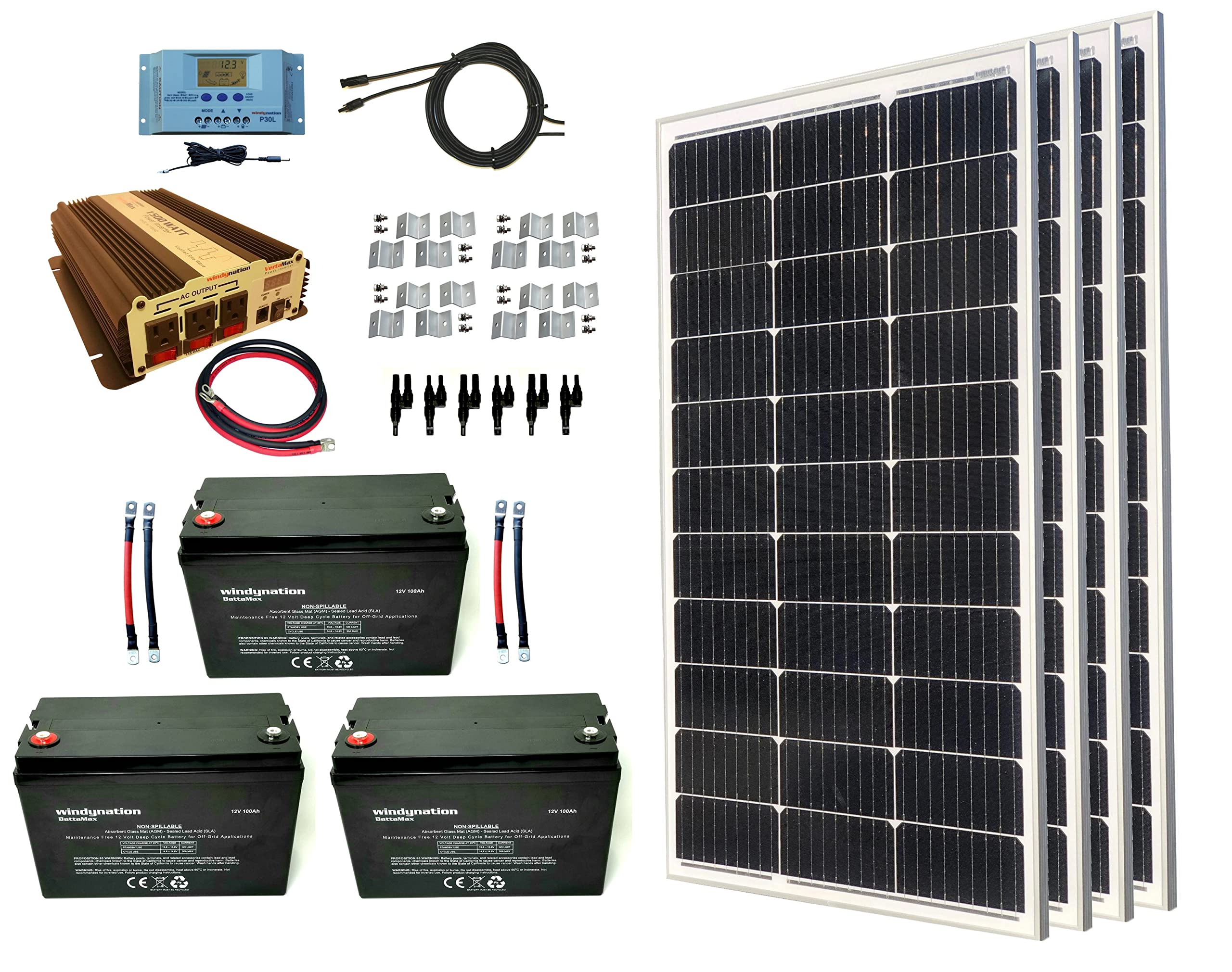 WindyNation 400 Watt Monocrystalline Solar Panel Kit + 1500W VertaMax Power Inverter + 300ah AGM Deep Cycle Battery for RV, Boat, Off-Grid 12 Volt Battery Systems