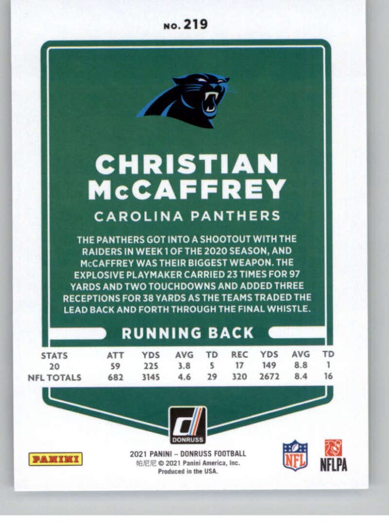 2021 Donruss #219 Christian McCaffrey Carolina Panthers NFL Football Card NM-MT