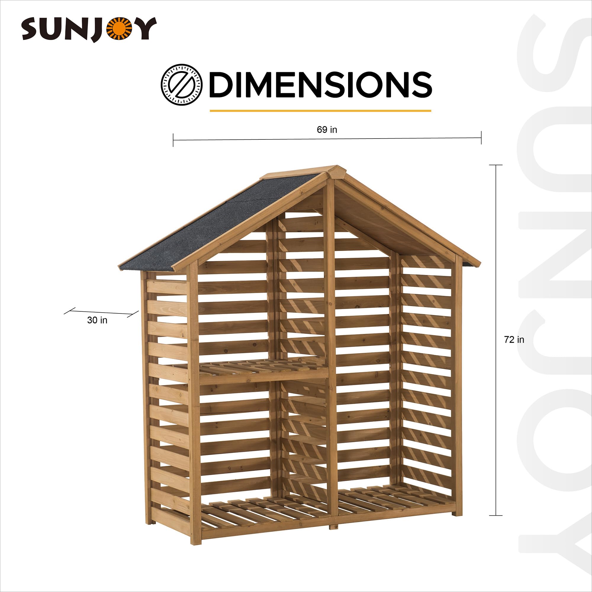 Sunjoy 69" Firewood Rack, Outdoor Wooden Storage Shed, Firewood Storage Rack with Waterproof Asphalt Roof and 2-Tier Shelves by YardCove Brown