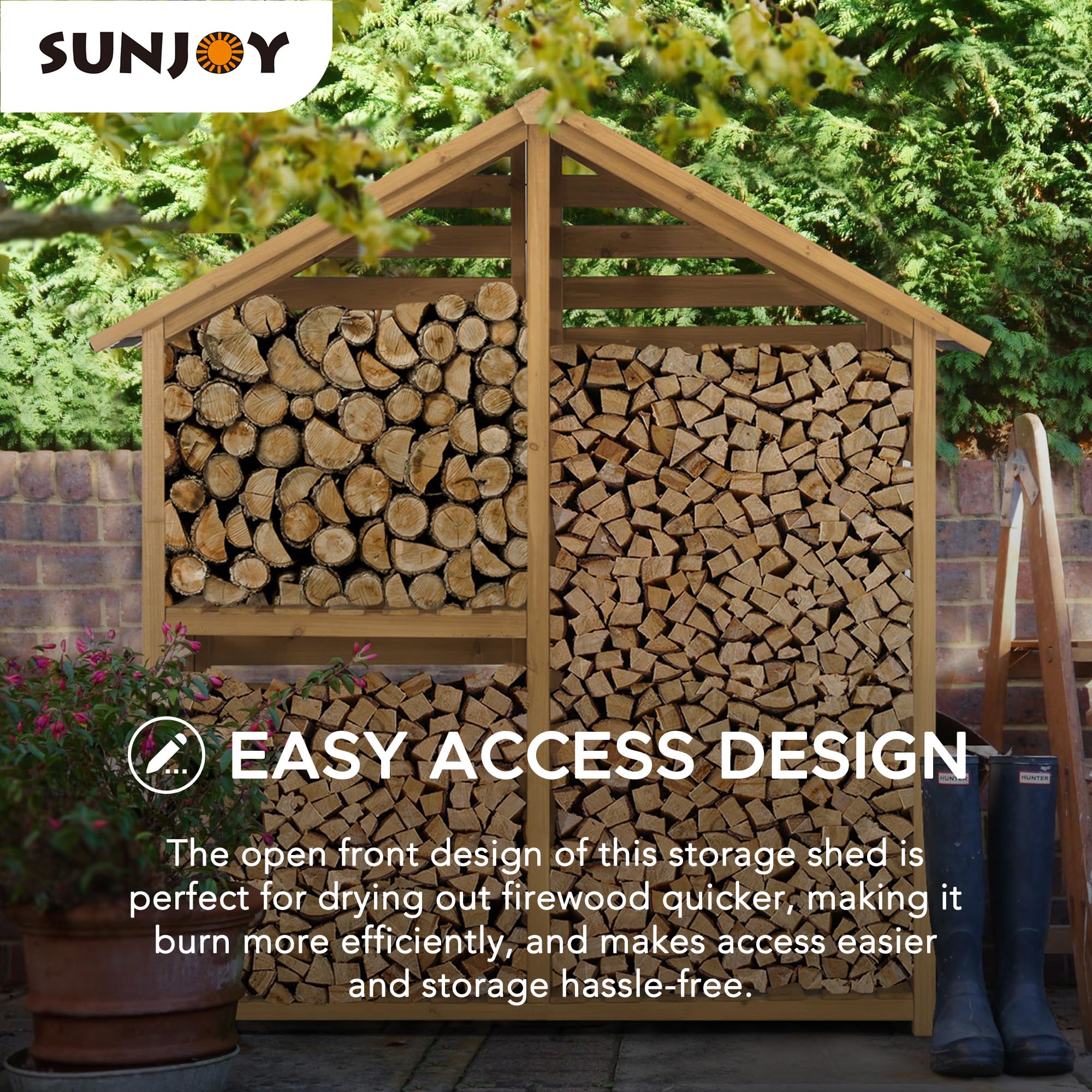 Sunjoy 69" Firewood Rack, Outdoor Wooden Storage Shed, Firewood Storage Rack with Waterproof Asphalt Roof and 2-Tier Shelves by YardCove Brown