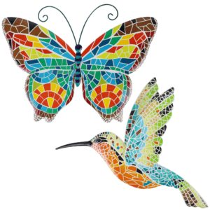 adroiteet 16 inch large wall decor, set of 2 butterfly hummingbird metal wall art, bird wall sculpture hanging decorations, perfect for garden yard fence home kitchen bedroom outdoor indoor