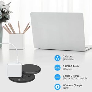 3 inch Desk Power Grommet with Wireless Charger,18W USB C Recessed Power Strip, Furniture Desk Power Outlet,2 Outlets and USB C Charging, Suitable for Side Table,6ft Cable(Black)