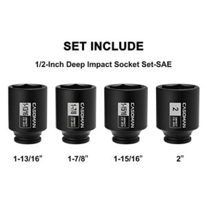 CASOMAN 4 Pieces 1/2" Dr. Deep Impact Socket Set, 1/2-Inch Drive Spindle Axle Nut Impact Socket Set, 1-13/16", 1-7/8", 1-15/16", 2", CR-MO, 6-Point, SAE