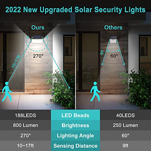 Solar Motion Sensor Lights Outdoor, [3 Modes/4 Pack/188 LED] 270° Wide Angle Lighting, Wireless Security Solar Powered Wall Lights, IP65 Waterproof Flood Lights for Fence Porch Yard Patio(Black)