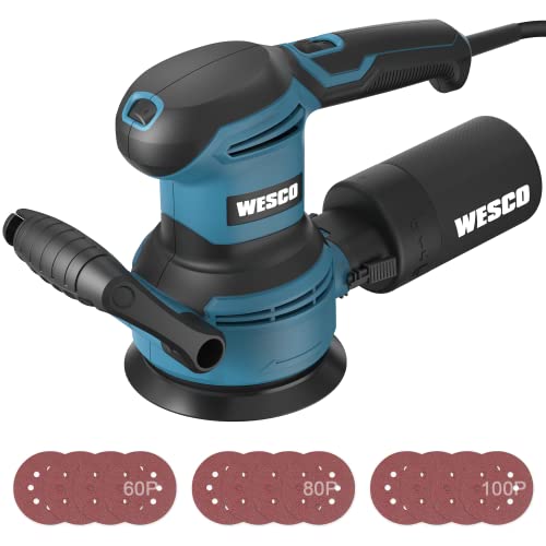 Power Random Orbital Sander, WESCO 3.2A Orbital Sander with Dust Bag 12 PCS Grit Velcro Sanding Papers, Six Variable Speed Control, 12000 RPM with Auxiliary Handle