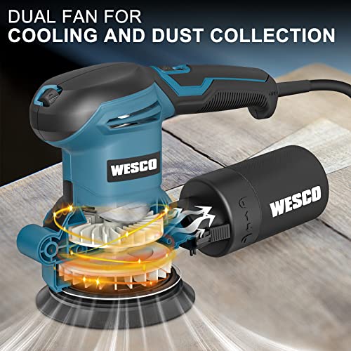 Power Random Orbital Sander, WESCO 3.2A Orbital Sander with Dust Bag 12 PCS Grit Velcro Sanding Papers, Six Variable Speed Control, 12000 RPM with Auxiliary Handle