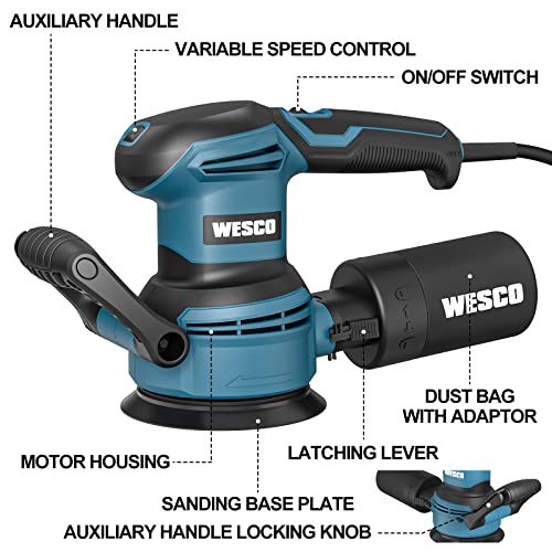 Power Random Orbital Sander, WESCO 3.2A Orbital Sander with Dust Bag 12 PCS Grit Velcro Sanding Papers, Six Variable Speed Control, 12000 RPM with Auxiliary Handle