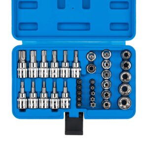 casoman 34 pieces 3/8-inch drive torx bit socket and e-torx (star) socket set, cr-v e socket set e4-20, s2 torx bit socket set t10-60, tamper proof torx bit set tt10-tt55, 5/16"f to 3/8"m adapter