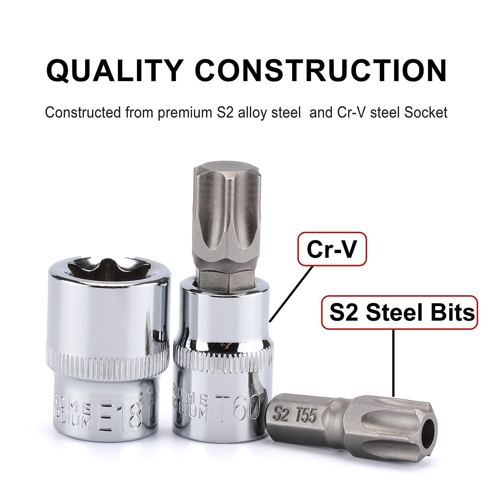 CASOMAN 34 Pieces 3/8-Inch Drive Torx Bit Socket and E-Torx (Star) Socket Set, Cr-V E Socket Set E4-20, S2 Torx Bit Socket Set T10-60, Tamper Proof Torx Bit Set TT10-TT55, 5/16"F to 3/8"M adapter