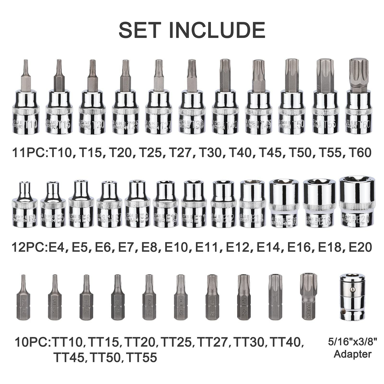 CASOMAN 34 Pieces 3/8-Inch Drive Torx Bit Socket and E-Torx (Star) Socket Set, Cr-V E Socket Set E4-20, S2 Torx Bit Socket Set T10-60, Tamper Proof Torx Bit Set TT10-TT55, 5/16"F to 3/8"M adapter