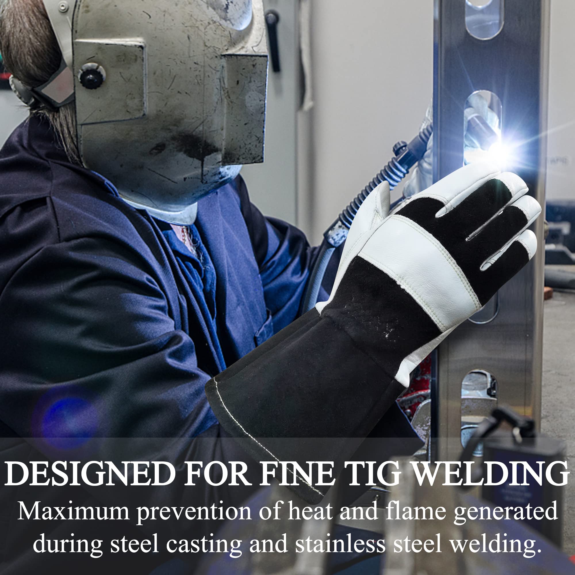 Intra-FIT Electric TIG Welding Gloves, Heat Resistant & Durability, Top Premium Grain Goat Skin with Cowsplit Long Cuff for Welder