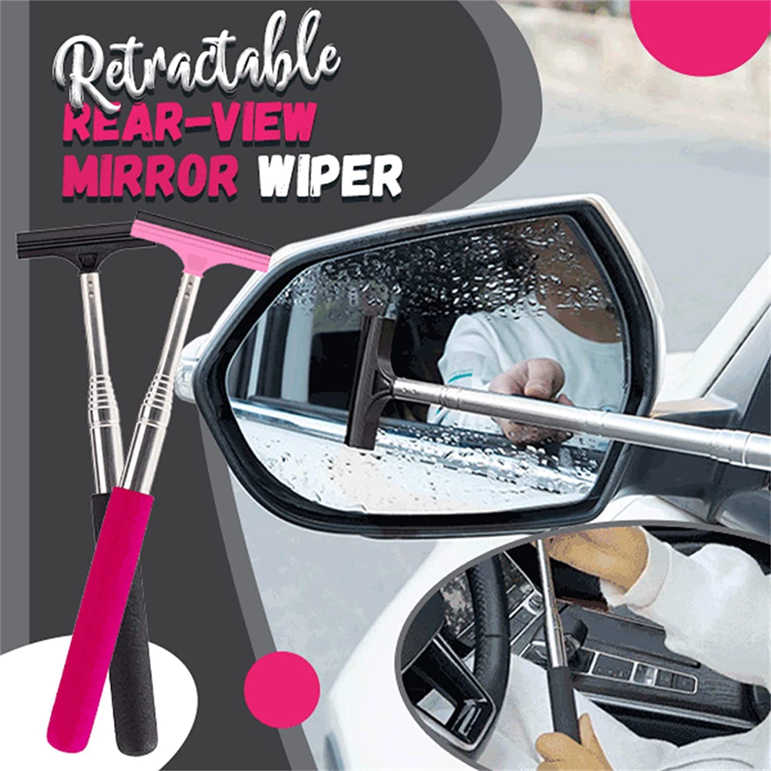 TSWDDLA Car Rearview Mirror Wiper,Retractable Auto Glass Squeegee, Water Cleaner with Telescopic Long Rod,Portable Cleaning Tool for All Vehicles for Rainy Foggy Weather