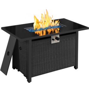 yaheetech 43in fire pit propane fire pit 50,000 btu rectangle fire pit table with glass tabletop and waterproof cover, gas fire table for garden, patio, outdoor, csa certification