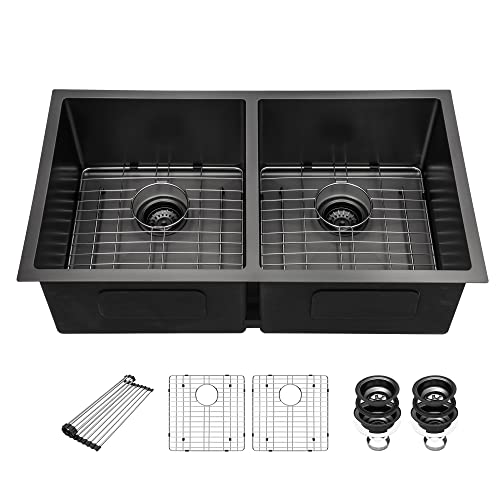 Beslend 33 Inch Black Undermount Kitchen Sink - 33”x19”x10” Stainless Steel Gunmetal Black 16 Gauge 10 Inch Deep 50/50 Double Bowl Kitchen Sink Basin