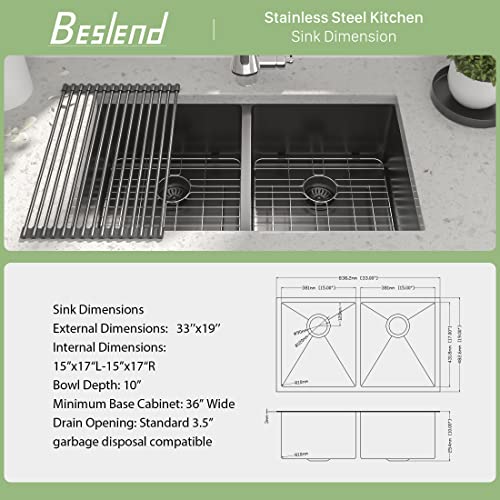 Beslend 33 Inch Black Undermount Kitchen Sink - 33”x19”x10” Stainless Steel Gunmetal Black 16 Gauge 10 Inch Deep 50/50 Double Bowl Kitchen Sink Basin