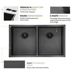 Beslend 33 Inch Black Undermount Kitchen Sink - 33”x19”x10” Stainless Steel Gunmetal Black 16 Gauge 10 Inch Deep 50/50 Double Bowl Kitchen Sink Basin