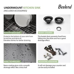 Beslend 33 Inch Black Undermount Kitchen Sink - 33”x19”x10” Stainless Steel Gunmetal Black 16 Gauge 10 Inch Deep 50/50 Double Bowl Kitchen Sink Basin