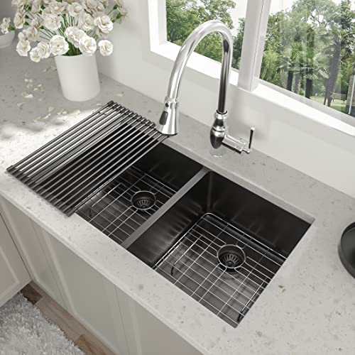 Beslend 33 Inch Black Undermount Kitchen Sink - 33”x19”x10” Stainless Steel Gunmetal Black 16 Gauge 10 Inch Deep 50/50 Double Bowl Kitchen Sink Basin