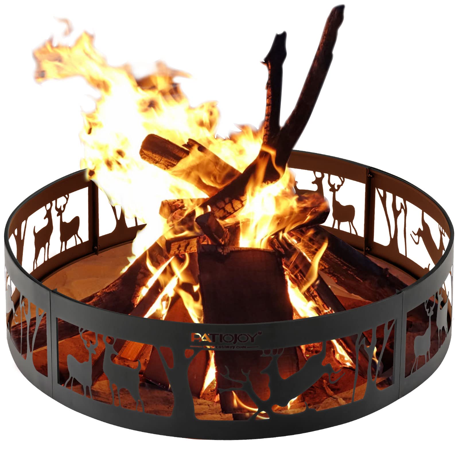 DORTALA 36’’ Metal Fire Pit Ring, Thick Metal Deer Fire Ring with Extra Poker,Wood Burning Campfire Ring with Pattern, Heavy Duty Round Bonfire Liner for Camping Beach Backyard