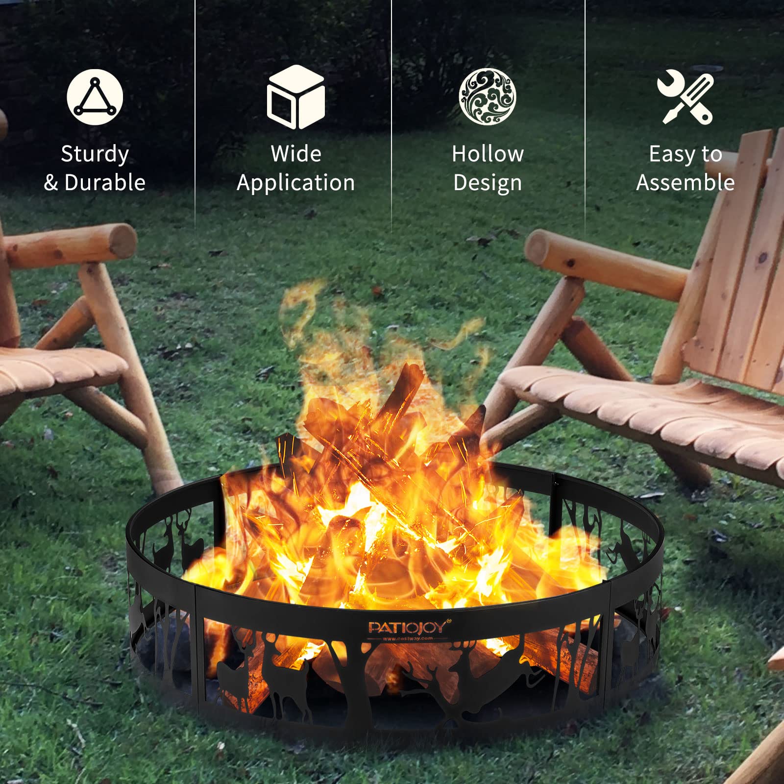 DORTALA 36’’ Metal Fire Pit Ring, Thick Metal Deer Fire Ring with Extra Poker,Wood Burning Campfire Ring with Pattern, Heavy Duty Round Bonfire Liner for Camping Beach Backyard