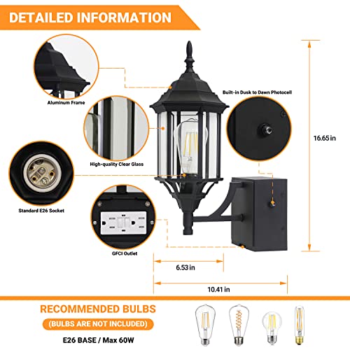 Dusk to Dawn Sensor Outdoor Wall Lantern with Built-in GFCI Outlet, Black Porch Lights Outdoor Wall, Anti-Rust Exterior Light Fixture, Waterproof Outside Wall Sconce Lighting for Garage Front Door