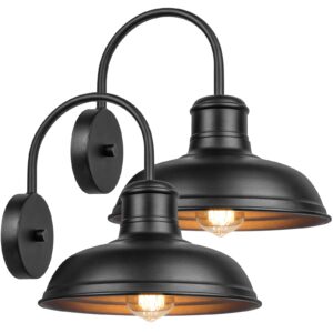 2-pack matte black outdoor wall lights, modern farmhouse porch wall light fixtures wall mount, industrial gooseneck wall sconce, exterior e26 barn lights for garage frontdoor entryway bathroom doorway