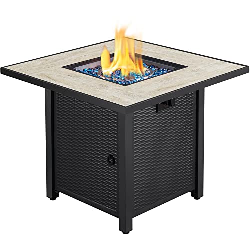 Topeakmart 30 Inch Gas Fire Pit Table, 50,000 BTU Auto-Ignition Propane Fire Pit Table for Outdoor/Patio, Rattan & Wicker-Look Gas Fire Table with Ceramic Tabletop & Blue Glass Stones, Black