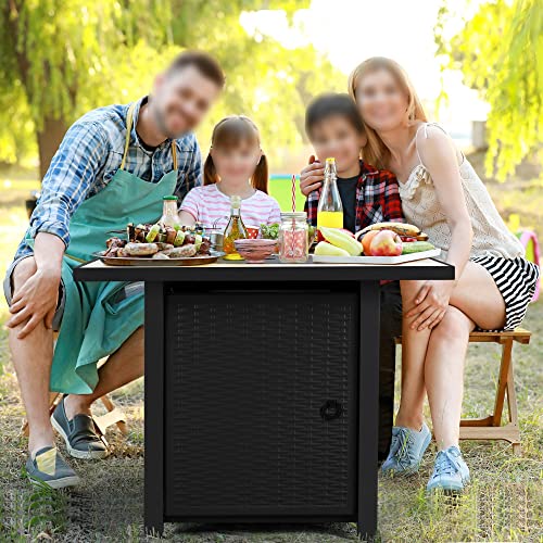 Topeakmart 30 Inch Gas Fire Pit Table, 50,000 BTU Auto-Ignition Propane Fire Pit Table for Outdoor/Patio, Rattan & Wicker-Look Gas Fire Table with Ceramic Tabletop & Blue Glass Stones, Black