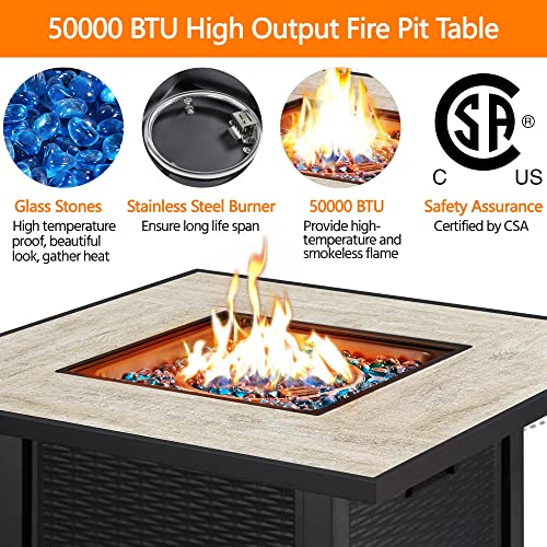 Topeakmart 30 Inch Gas Fire Pit Table, 50,000 BTU Auto-Ignition Propane Fire Pit Table for Outdoor/Patio, Rattan & Wicker-Look Gas Fire Table with Ceramic Tabletop & Blue Glass Stones, Black