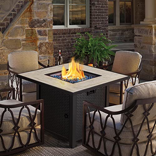 Topeakmart 30 Inch Gas Fire Pit Table, 50,000 BTU Auto-Ignition Propane Fire Pit Table for Outdoor/Patio, Rattan & Wicker-Look Gas Fire Table with Ceramic Tabletop & Blue Glass Stones, Black