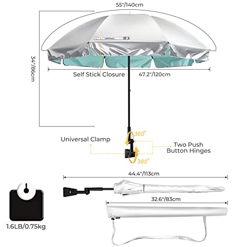 Prospo Beach Chair Umbrella with Universal Adjustable Clamp, UV Protection Sunshade Umbrella for Outdoor, Strollers, Wheelchairs, Patio Chairs, Bleacher, and Golf Carts