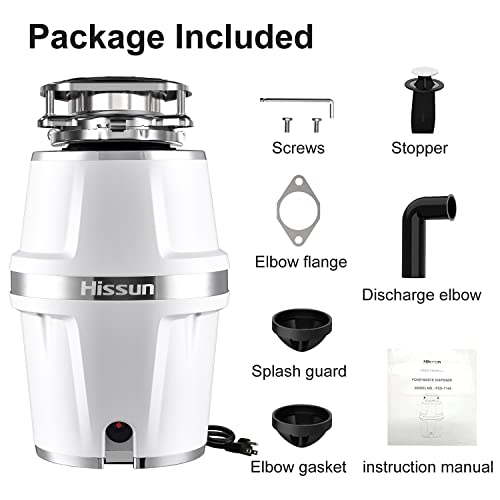 HISSUN Garbage Disposal, 3/4 HP Continuous Feed Kitchen Garbage Disposer with Power Cord, Household Food Waste Disposer with Super Quiet Motor & Flange Included - White