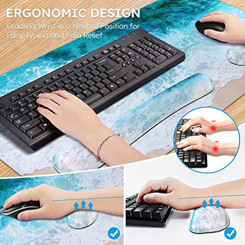 iCasso Keyboard Mouse Pad Set,Extended Gaming Mouse Pad + Keyboard Wrist Rest Support, Memory Foam, Easy Typing Pain Relief, 3Pcs (35.4×15.7 in) Large Ultra Thick Mousepad Desk Mat (Beach)