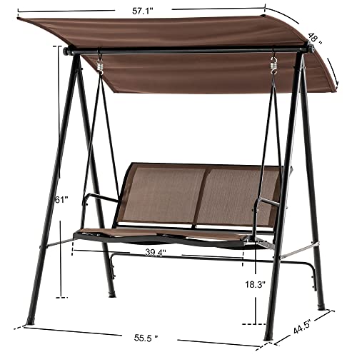 MCombo 2-Person Patio Swing Chair with Adjustable Canopy Outdoor, Steel Frame Breathable Seats Hanging Porch Swing, 4001 (Brown)