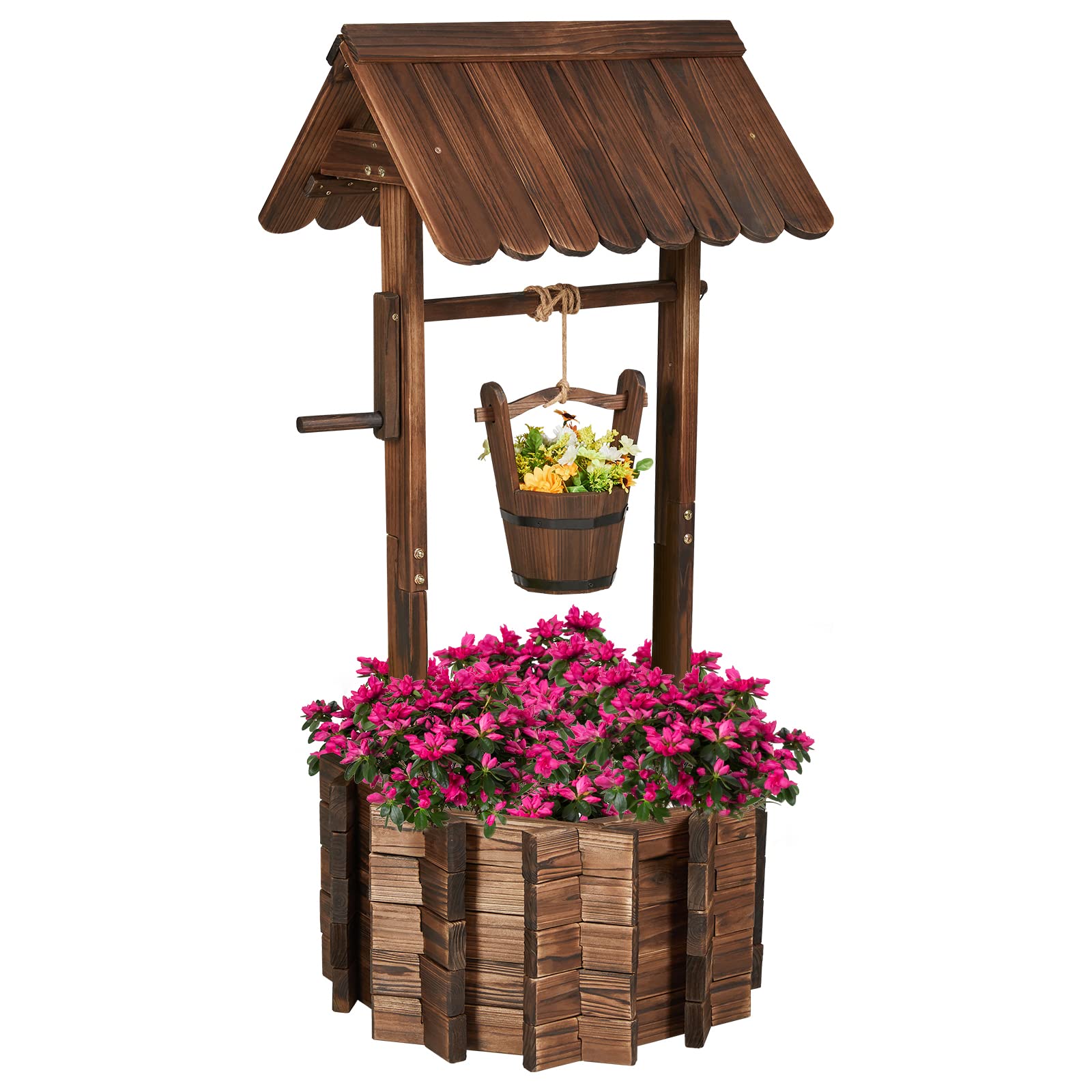 AMERLIFE Wooden Wishing Well - Height Adjustable Hanging Bucket, Wishing Well Planter with Reinforced Rod Outdoor Home Decor, Flower Planter for Front Yard Ornaments