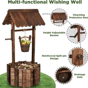 AMERLIFE Wooden Wishing Well - Height Adjustable Hanging Bucket, Wishing Well Planter with Reinforced Rod Outdoor Home Decor, Flower Planter for Front Yard Ornaments