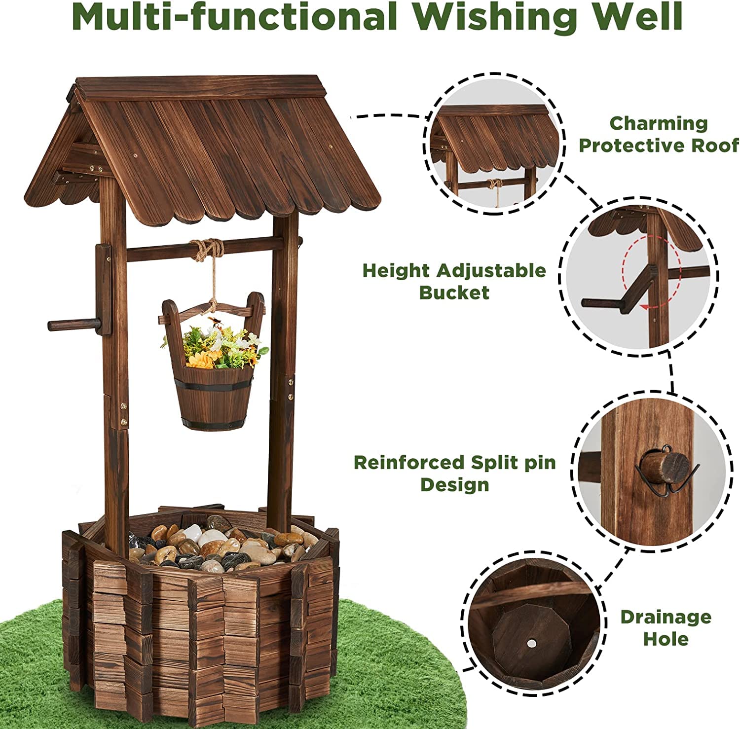 AMERLIFE Wooden Wishing Well - Height Adjustable Hanging Bucket, Wishing Well Planter with Reinforced Rod Outdoor Home Decor, Flower Planter for Front Yard Ornaments