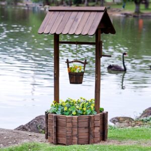 AMERLIFE Wooden Wishing Well - Height Adjustable Hanging Bucket, Wishing Well Planter with Reinforced Rod Outdoor Home Decor, Flower Planter for Front Yard Ornaments