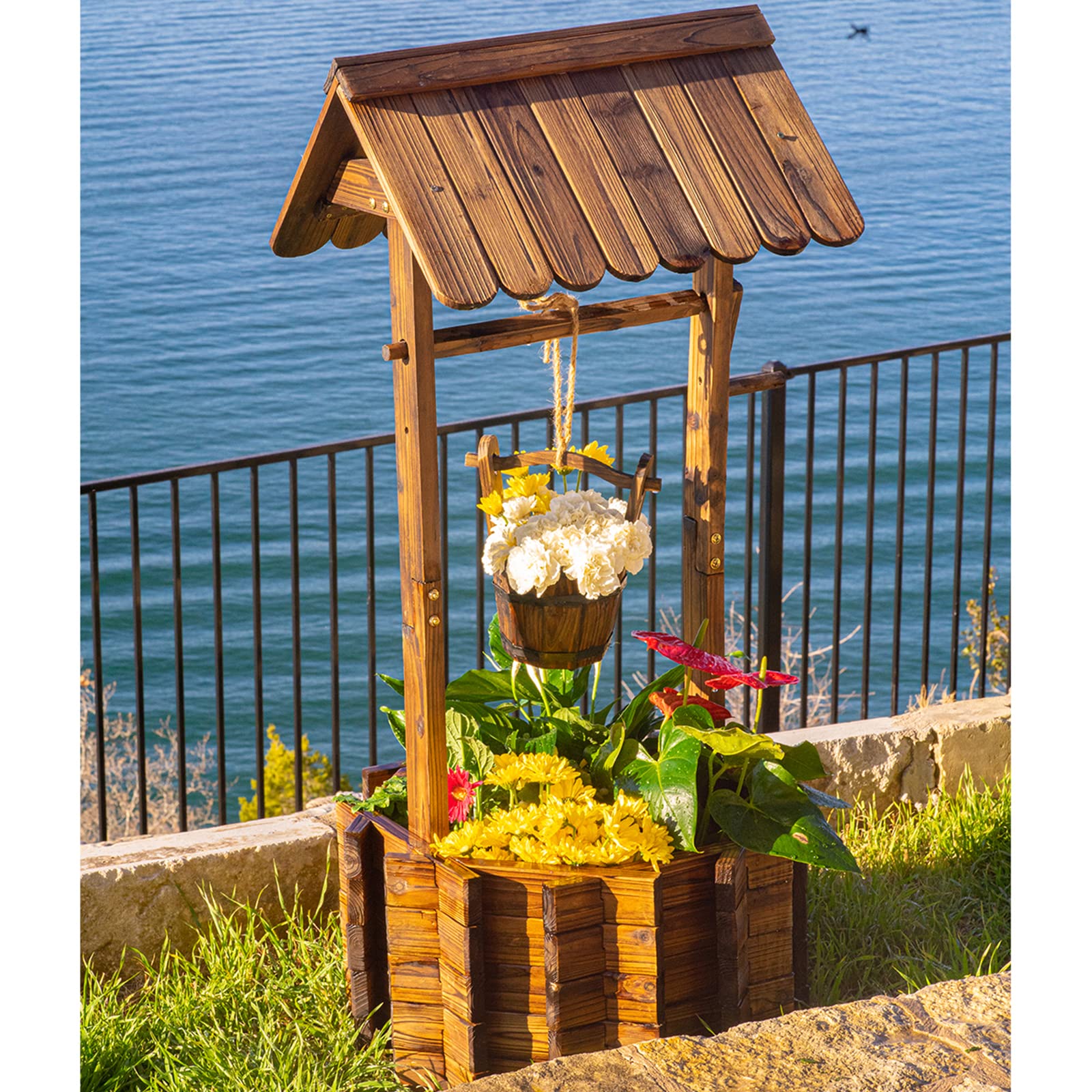 AMERLIFE Wooden Wishing Well - Height Adjustable Hanging Bucket, Wishing Well Planter with Reinforced Rod Outdoor Home Decor, Flower Planter for Front Yard Ornaments