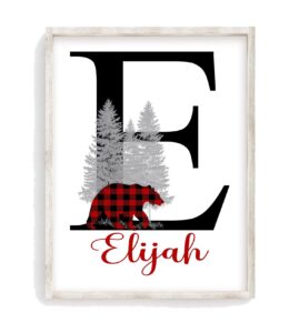 personalized woodland bear buffalo plaid baby boy nursery decor unframed print - baby name letter initial monogram