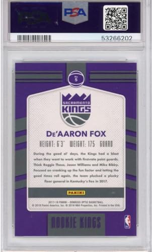 Graded 2017-18 Panini Donruss Optic De'Aaron Fox #5 Rookie Kings RC Basketball Card PSA 10 Gem Mint