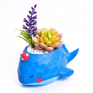 Cute Whale Flower Pot with Drainer Garden Flower Pot Resin Succulent Potted Bonsai Plant Stand Home Desk Mini Ornaments Balcony Landscape Ideas Blue Whale