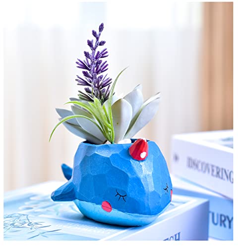 Cute Whale Flower Pot with Drainer Garden Flower Pot Resin Succulent Potted Bonsai Plant Stand Home Desk Mini Ornaments Balcony Landscape Ideas Blue Whale