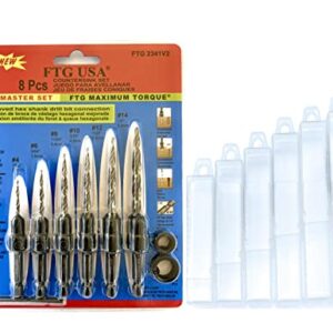 FTG USA Wood Countersink Drill Bit Set 6 Sizes Set Countersink HSS M2 Tapered Drill Bits, Quick Change Hex Shank Countersink bit, with 6 Storage Containers, 2 Stop Collars, 1 Allen Wrench