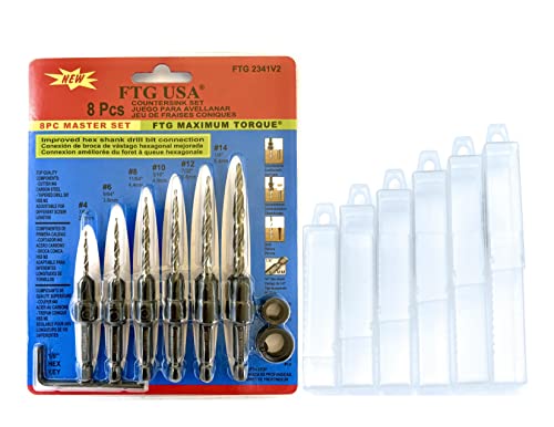 FTG USA Wood Countersink Drill Bit Set 6 Sizes Set Countersink HSS M2 Tapered Drill Bits, Quick Change Hex Shank Countersink bit, with 6 Storage Containers, 2 Stop Collars, 1 Allen Wrench