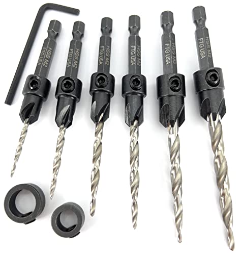 FTG USA Wood Countersink Drill Bit Set 6 Sizes Set Countersink HSS M2 Tapered Drill Bits, Quick Change Hex Shank Countersink bit, with 6 Storage Containers, 2 Stop Collars, 1 Allen Wrench