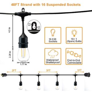 FMART LED Outdoor String Lights, 2*48FT(96FT Total) Hanging Lights Dimmable Commercial Grade UL ETL Listed Waterproof, 2X16 Sockets 2W 2700K Shatterproof Edison S14 Bulbs(2 Spare) Heavy Duty Lights