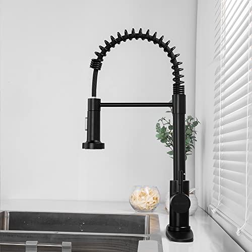 KETIPED Multifunction Matte Black Spring Arched Single Handle Kitchen Sink Faucet SUS 304 Stainless Steel Kitchen Faucet with Pull Down Sprayer and Fixed Rod,SLT-002MB