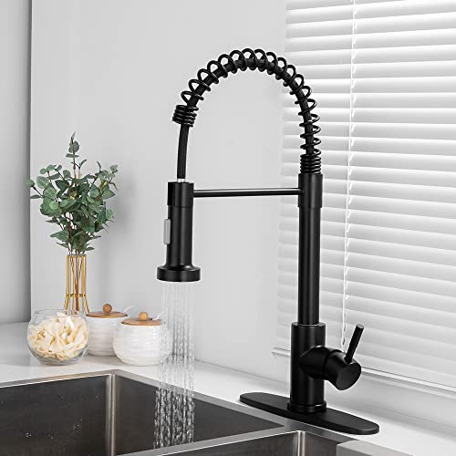 KETIPED Multifunction Matte Black Spring Arched Single Handle Kitchen Sink Faucet SUS 304 Stainless Steel Kitchen Faucet with Pull Down Sprayer and Fixed Rod,SLT-002MB